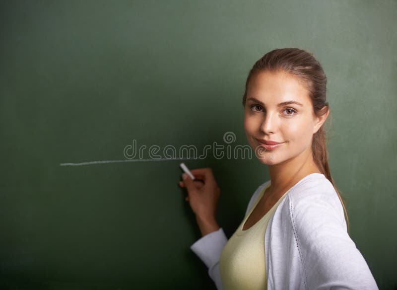 Woman Teacher Portrait And Writing On Chalkboard For Education