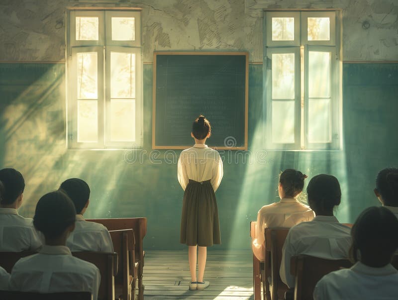 Woman Teacher Standing in Front of the Blackboard in Classroom. by ...