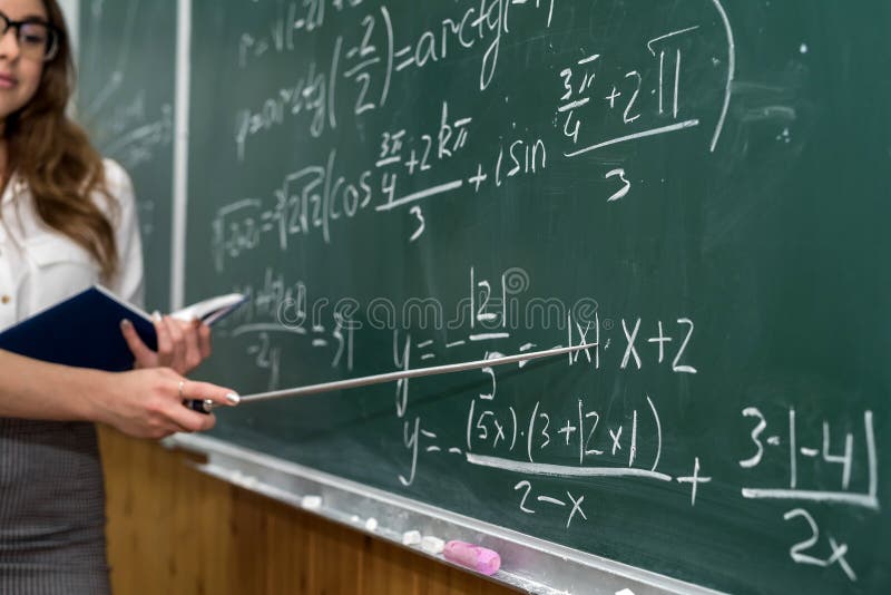 Caucasian Female Teacher Against Blackboard with Mathematical Formulas ...