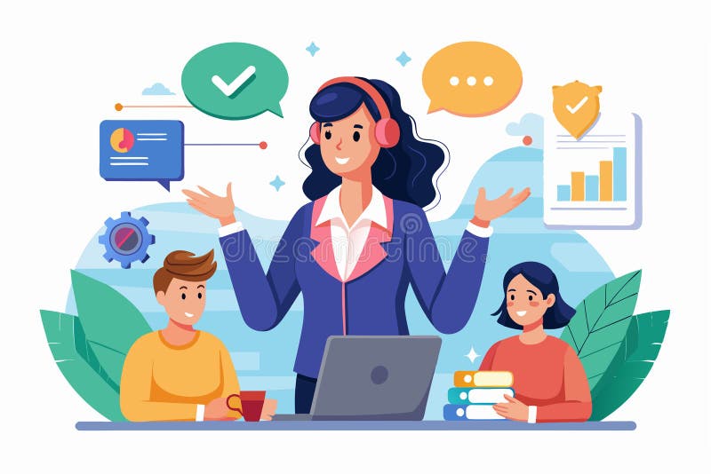 A Woman Teaches Customer Service Strategies To Two Engaged Individuals