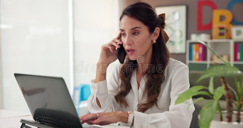 Woman, Teaching and Document with Phone Call in Office for Discussion ...