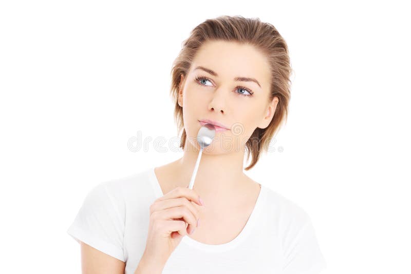 Woman with a teaspoon stock image. Image of mouth, face - 38653975