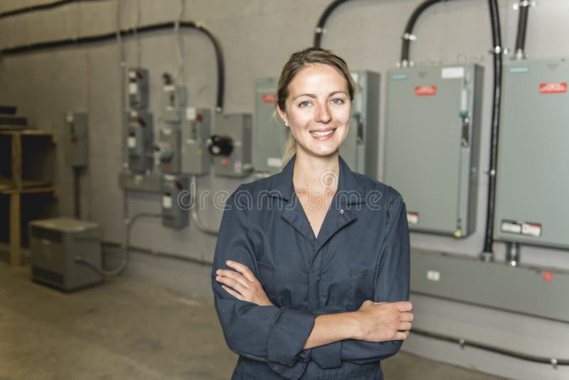 Woman Technician Servicing at Work on Electric Room Stock Image - Image ...