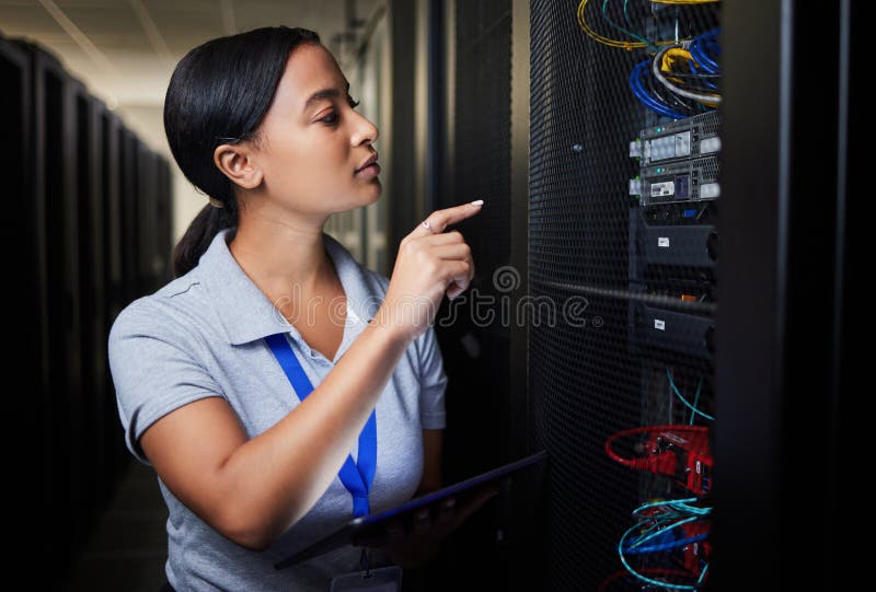Woman, Technology and Inspection of Server Room, Engineering Cables and ...