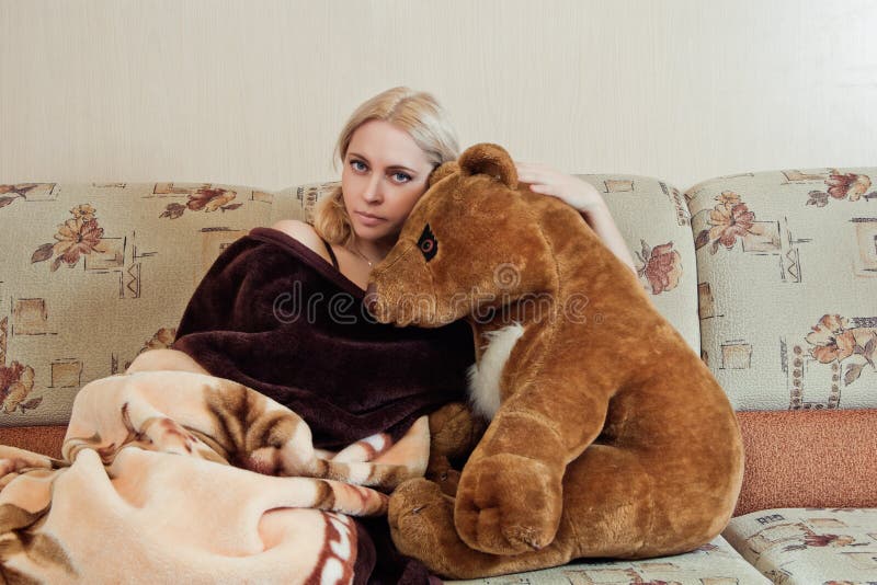 Woman with teddy bear stock photo. Image of blanket, female - 26953394