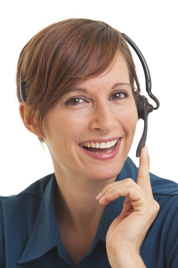 Woman Telemarketer with Hand on Headset Stock Photo - Image of contact ...