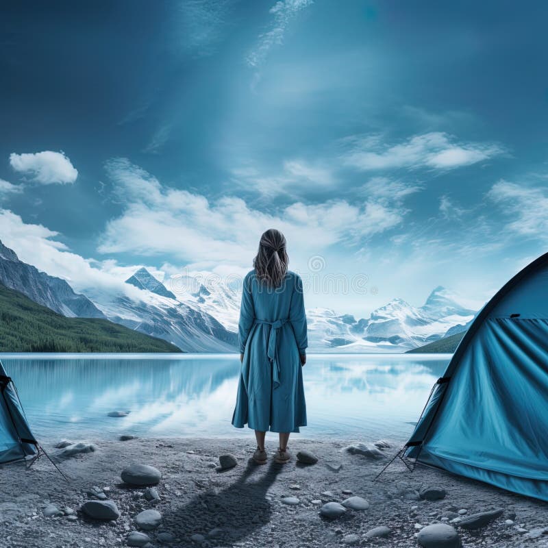 A Woman with a Tent Against the Backdrop of a Blue Lake Stock Photo ...