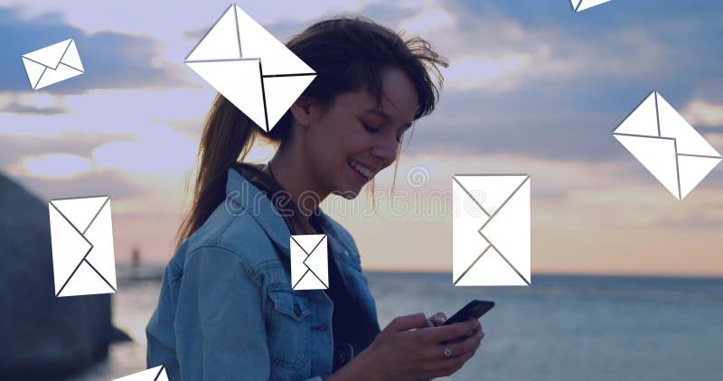 Woman Texting on the Beach with Message Icons Flying Stock Photo ...