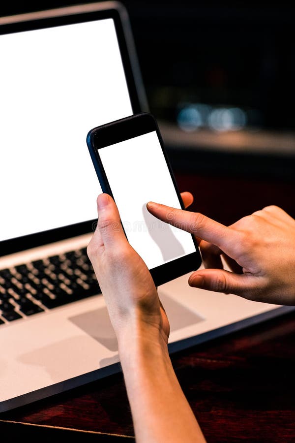 Woman Texting and Using Laptop Stock Image - Image of copy, elegant ...