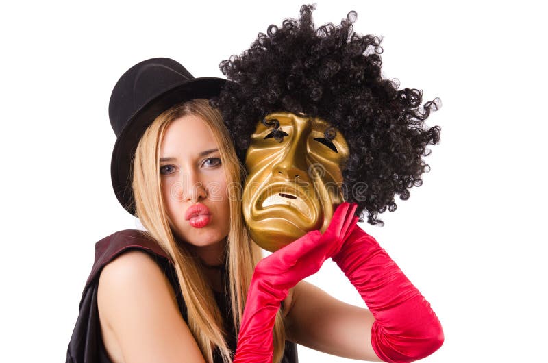 Woman with Theater Masks Isolated on White Stock Image - Image of ...
