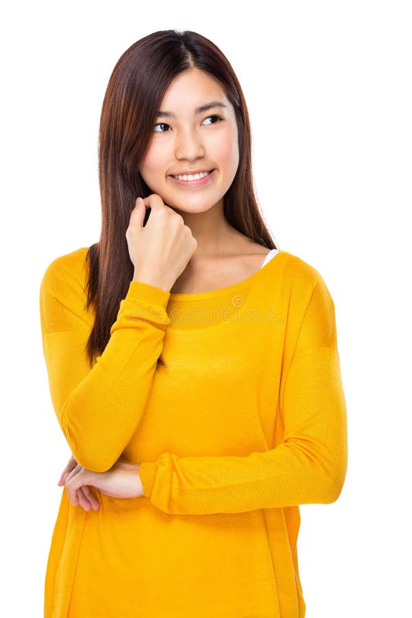 Woman Think of Idea and Look Away Stock Image - Image of jumper, person ...