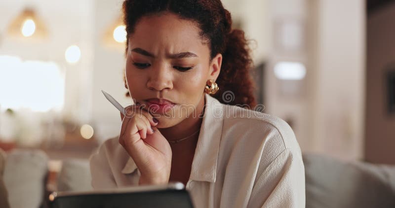 Woman, Thinking and Confused with Tablet in Home for Article Ideas ...