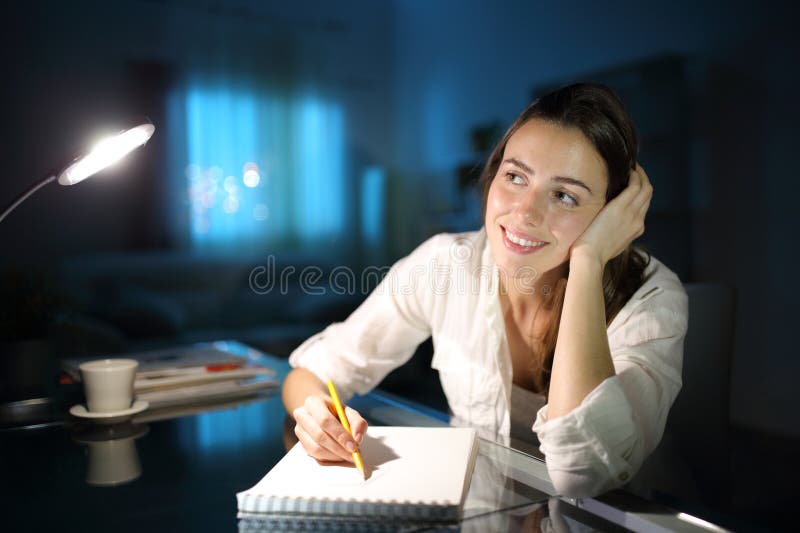 Woman Thinking Drawing on Notebook in the Night Stock Photo - Image of ...