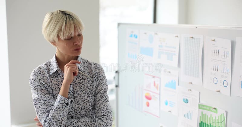 Woman Thinking about Financial Report Data on White Board Stock Footage ...