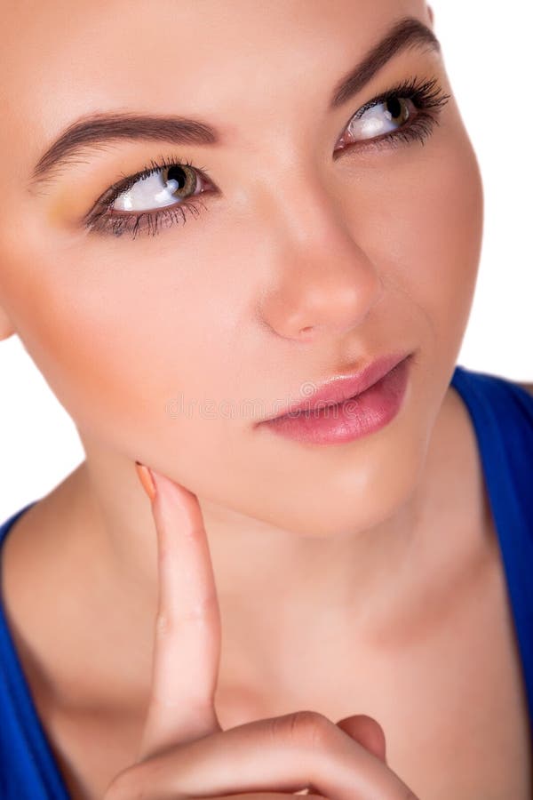 Woman Thinking and Looking Up Stock Image - Image of chin, creativity ...