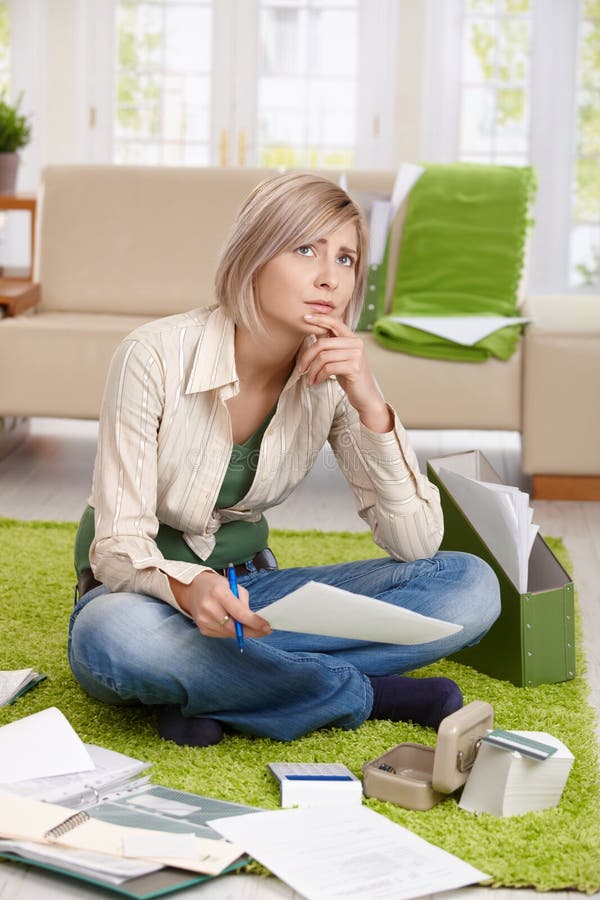 Woman Thinking with Paper in Hand Stock Image - Image of cross, hand ...
