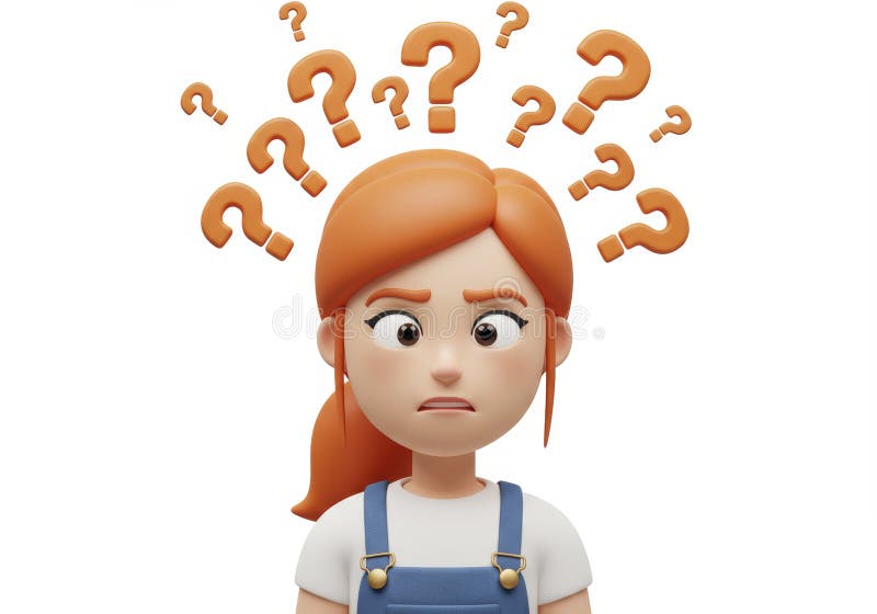 Woman Thinking with Question Marks Around Head Cartoon Style Stock ...