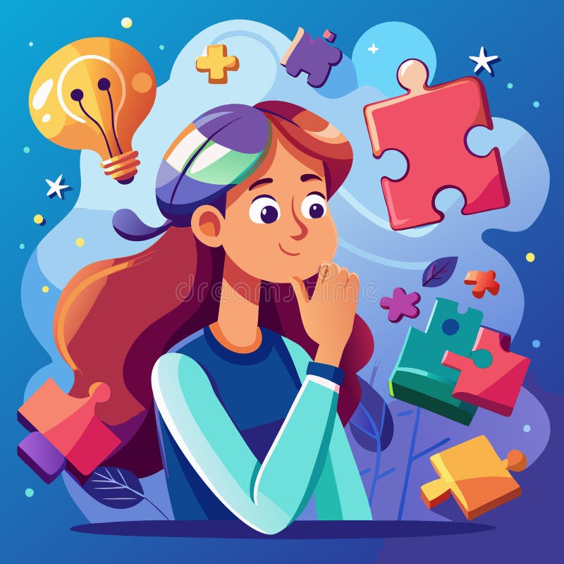 A Woman Thinking, Surrounded by Puzzle Pieces and a Lightbulb ...