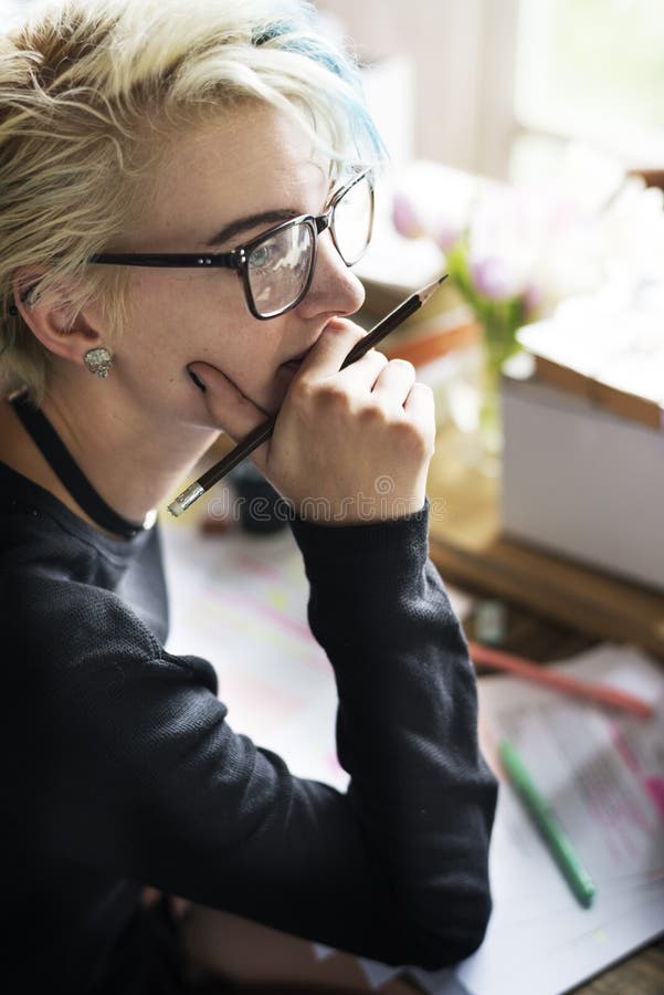 Woman Thinking Thoughful Working at Office Stock Photo - Image of woman ...