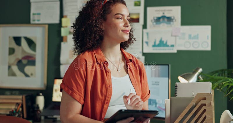 Woman, Thinking and Work from Home with Tablet Data Analytics, Ideas or Creative Planning of ...