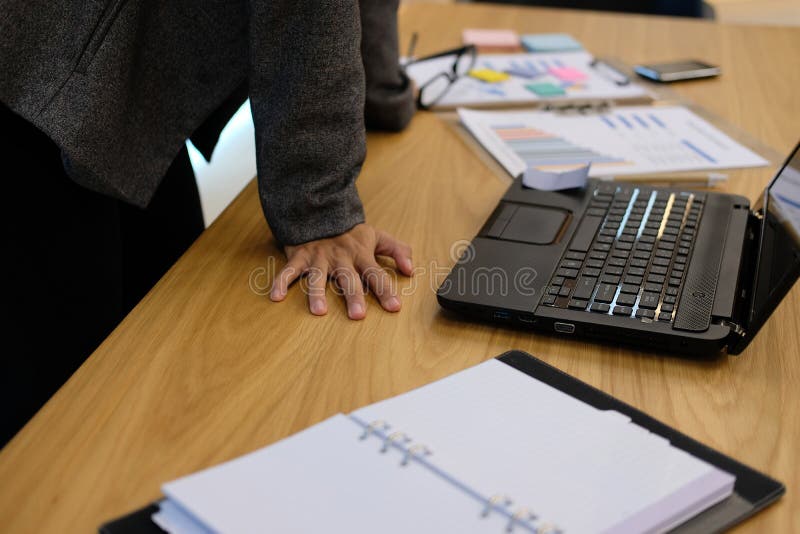 Woman Thinking, Working with Graph Chart Document at Workplace Stock ...