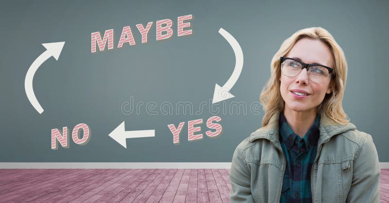 Woman Thinking Yes No Maybe Text with Arrows Graphic on Wall Stock ...