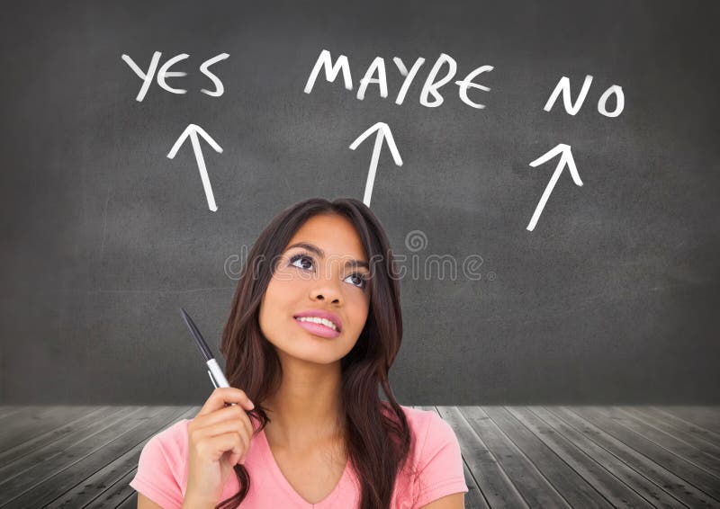Woman Thinking Yes No Maybe Text with Arrows Graphic on Wall Stock ...