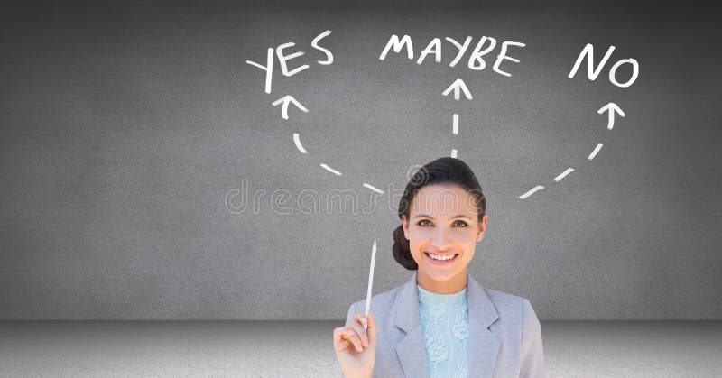 Woman Thinking Yes No Maybe Text with Arrows Graphic on Wall Stock ...