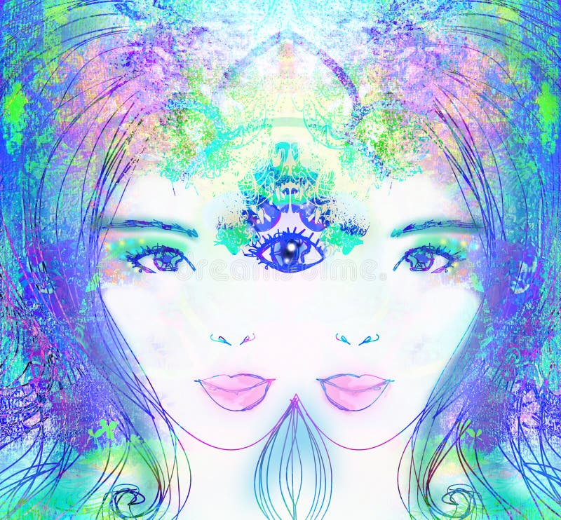 Woman with third eye stock illustration. Illustration of purple - 57622606