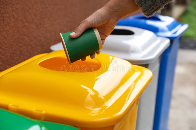 Woman Throwing Coffee Cup into Recycling Bin Outdoors, Closeup Stock ...
