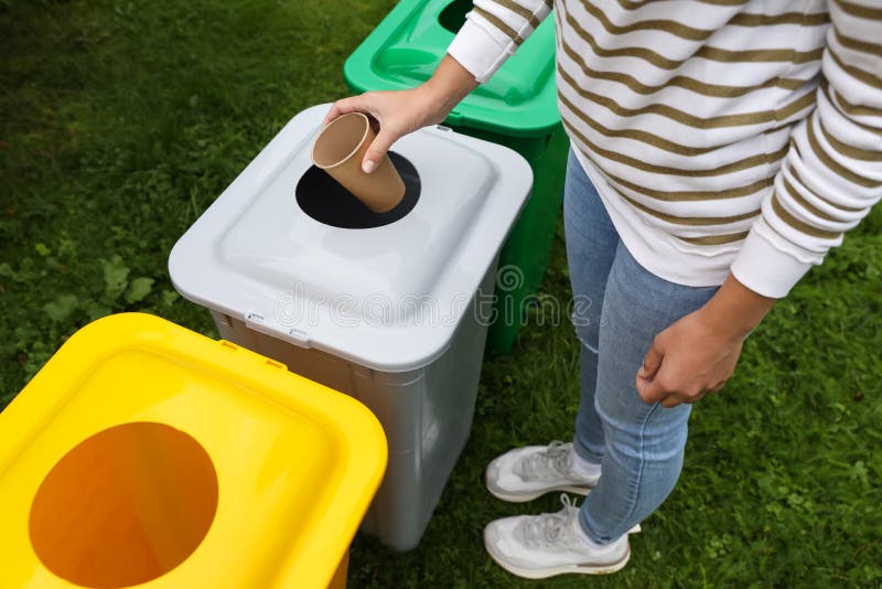 Woman Throwing Coffee Cup into Recycling Bin Outdoors, Closeup Stock ...