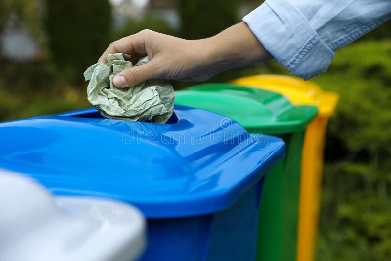 Woman Throwing Crumpled Tissue into Recycling Bin Outdoors, Closeup ...