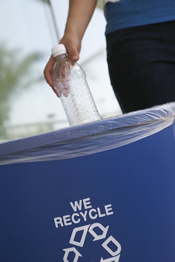 Woman Throwing Plastic Bottle in Dustbin Stock Image - Image of blue ...