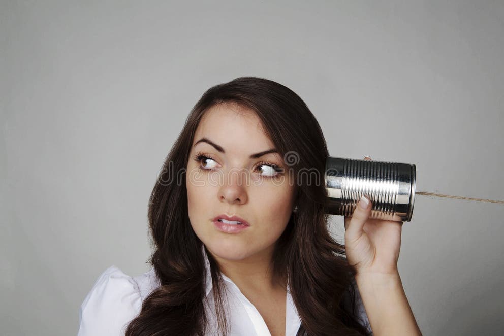 Woman on Tin Can String Phone Stock Image - Image of phone, hand: 20426371
