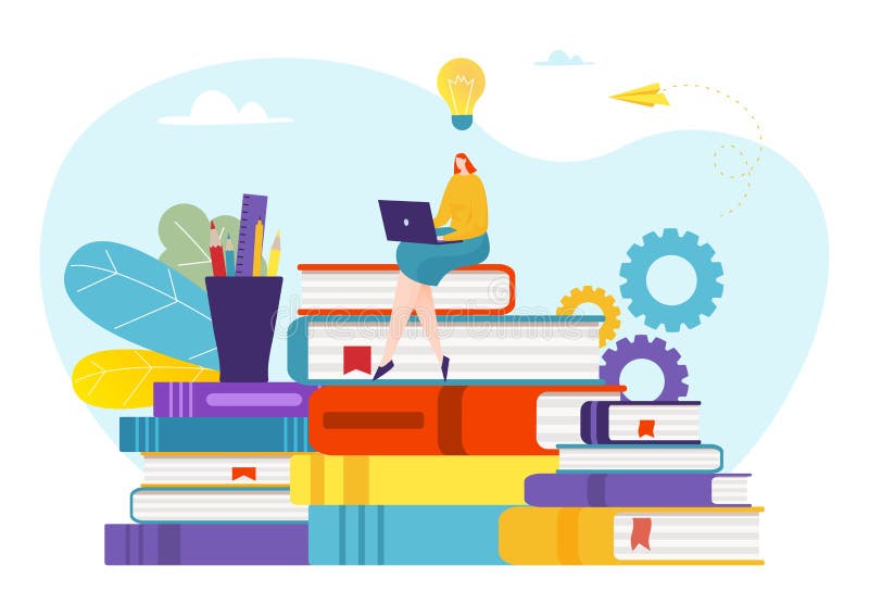 Woman Tiny Character Sitting Stack Book and Textbook Education Online ...