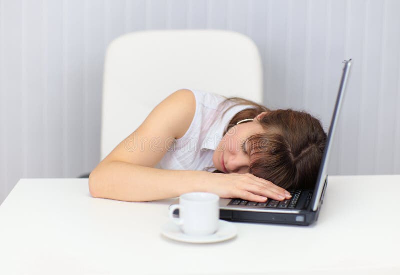 Woman Tired and Fell Asleep at Table with a Laptop Stock Image - Image ...
