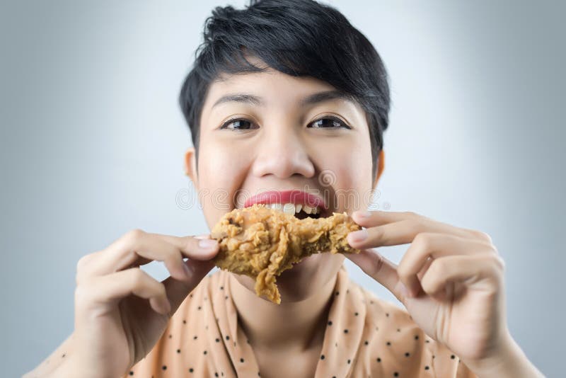 Woman To Eat Deep Fried Chicken. Stock Photo - Image of calorie ...