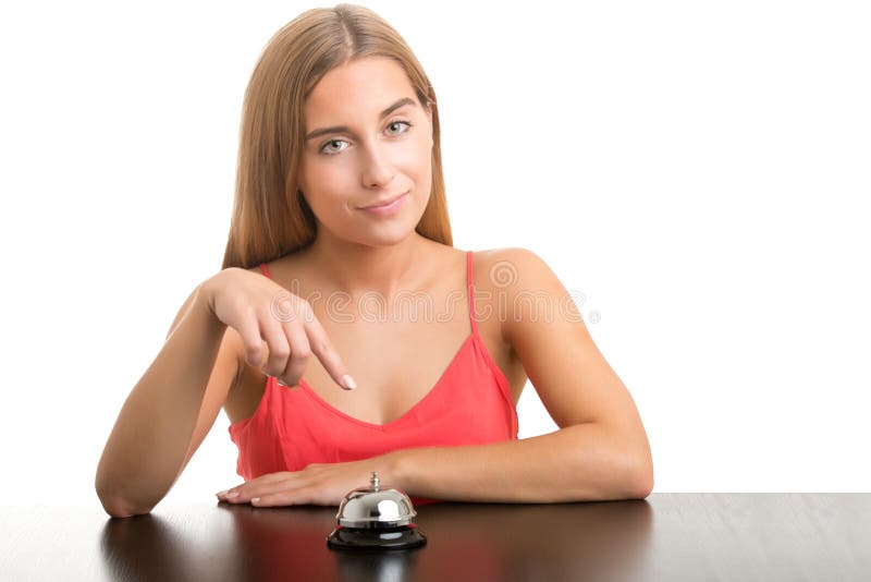 Woman about To Ring a Counter Bell Stock Photo - Image of clerk ...