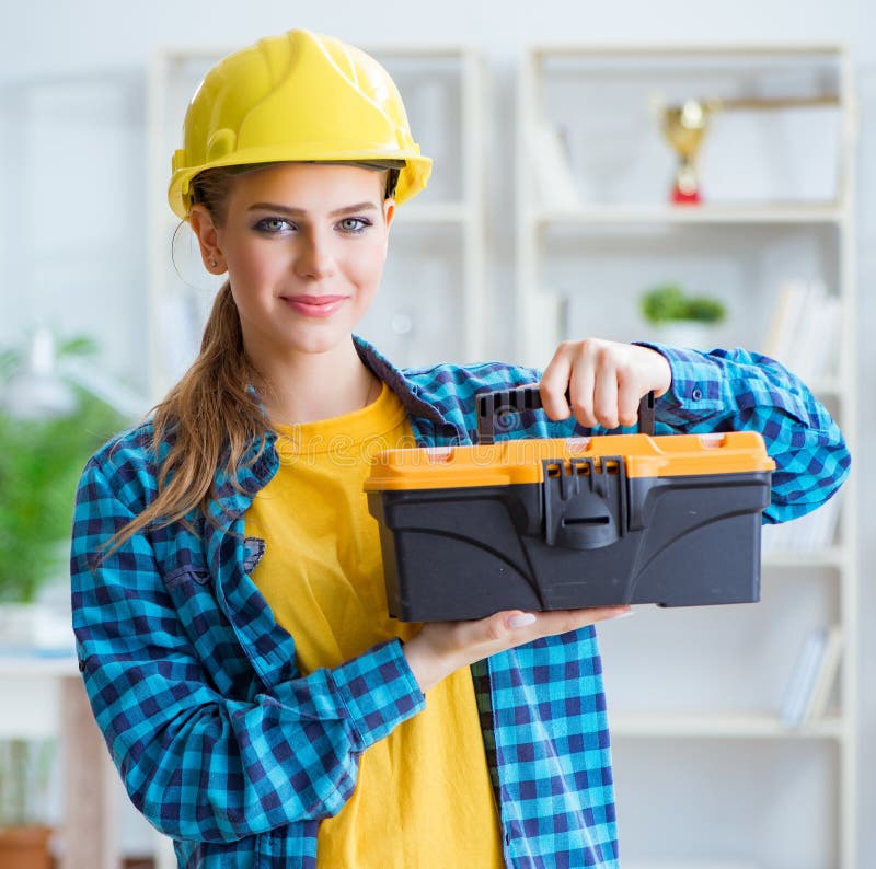 Woman with Toolkit in Workshop Stock Image - Image of interior, repair ...