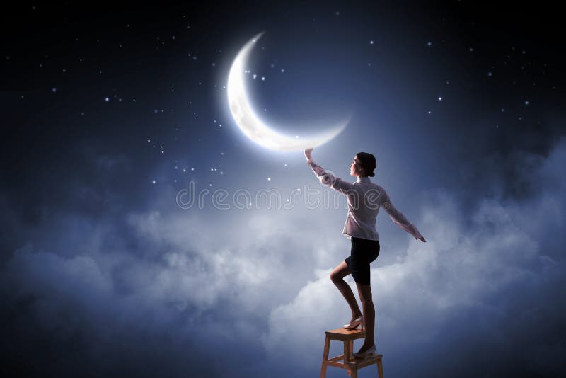 Woman touch the moon stock photo. Image of astronomy - 63529966