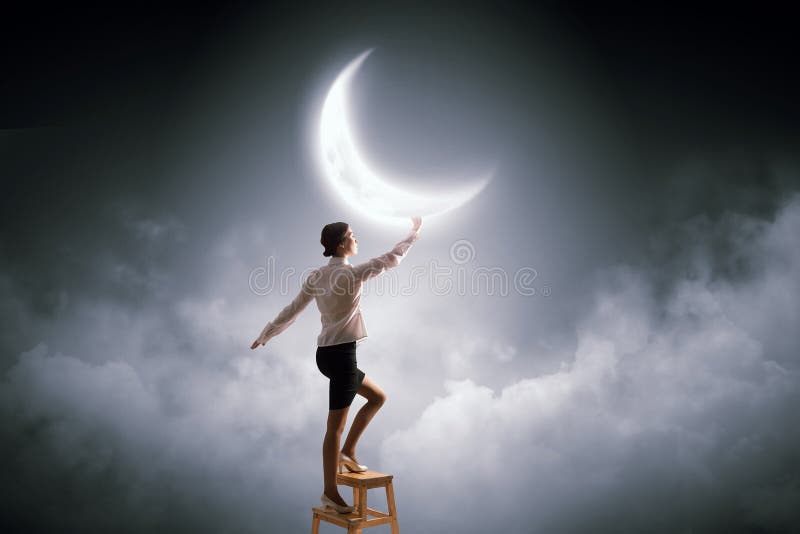 Woman touch the moon stock image. Image of astronomy - 63783223