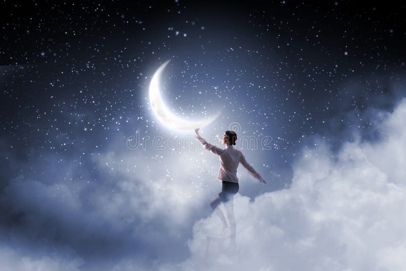 Woman touch the moon stock image. Image of magic, girl - 63853735
