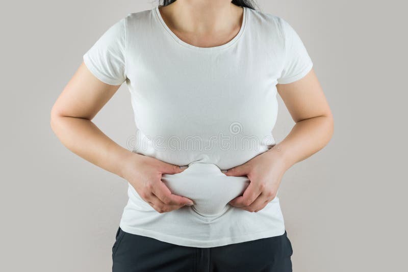 Woman touches belly fat stock illustration. Illustration of problem ...