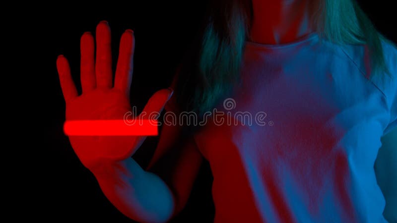 Woman Touches Glass Screen Panel, Open Palm Print on Transparent ...