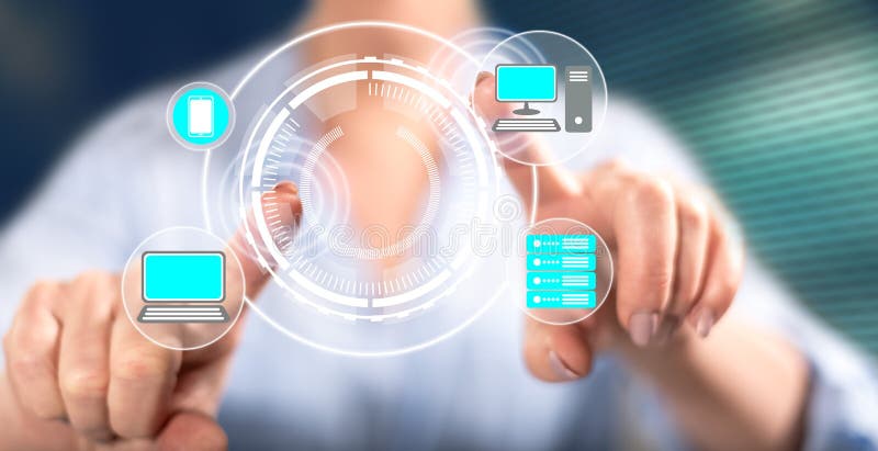 Woman Touching a Devices Connection Concept Stock Photo - Image of ...
