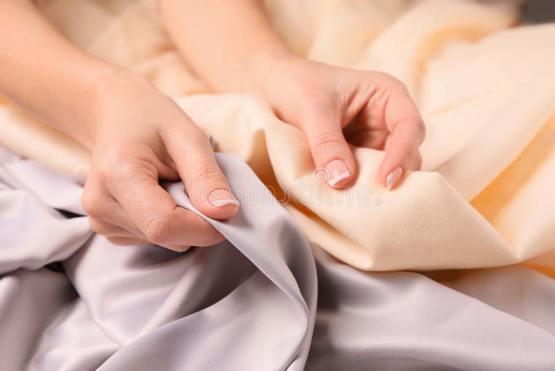 Woman Touching Different Soft Fabrics, Closeup Stock Photo - Image of ...