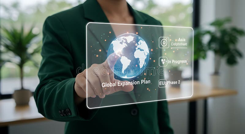 Woman Touching Digital World Globe for Global Expansion Planning ...