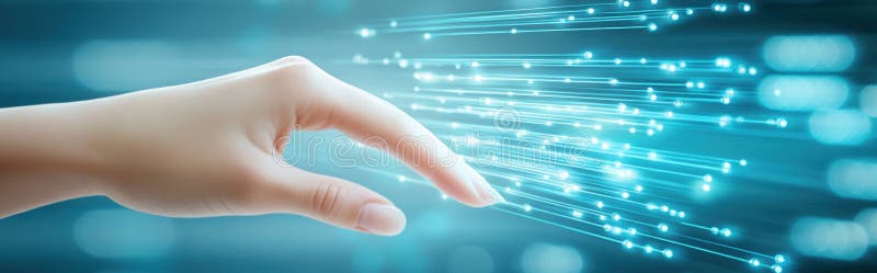 Woman Touching Futuristic Digital Screen with Glowing Lines in Modern ...