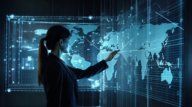 Woman Touching Glowing Global Map Stock Illustration - Illustration of ...