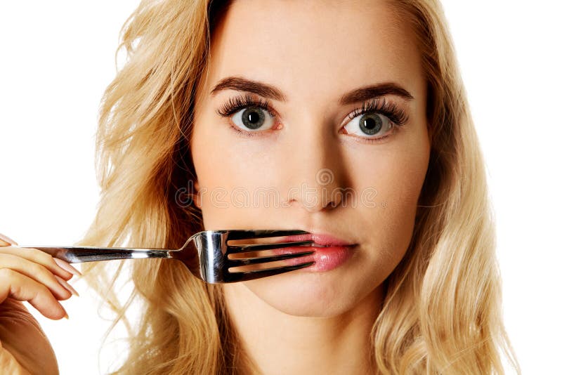 Woman with Fork in Her Mouth Stock Image - Image of pleasure, hand ...